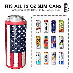 TILUCK Skinny Can Cooler for Slim Beer & Hard Seltzer, Stainless Steel, Doucle-Walled Stainless Steel Insulated Slim Cans, Standard 12 oz (U.S. Flag-01)