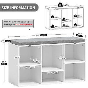 TJYGO Shoe Storage Bench 6 Cubbies, Storage Rack Bench with Padded Seat, Space Saving Shoe Shelf for Entryway, Living Room, Hallway, Bedroom