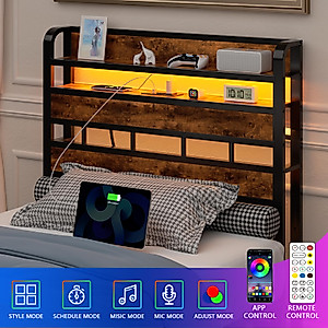 Furnulem Twin Size Headboard Only 2 Outlets 2 USB Ports Bed Headboards with Charging Station 2 Tier Storage Headboard Shelf for Dorm Bedroom Sturdy Adjustable RGB Light Headboards Rustic Brown