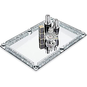 Crystal Glass Tray, Mirror Modern Dresser Cosmetic Tray with Broken Diamonds, 11.8" x 7.9" Rectangular Jewelry Trinket Perfume Tray for Bathroom Bedroom, Home Decor, Hotel Banquet, Party (Silver)