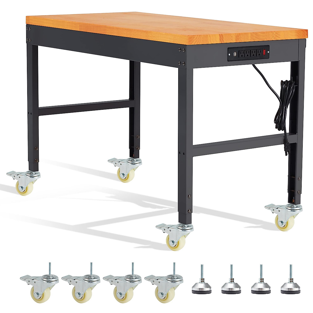 HABUTWAY Height Adjustable Workbench with Wheels 48" x 24" 2000 Lbs Capacity Oak Wood Work Station Heavy-Duty Rolling Work Tables for Garage Party Shop Office