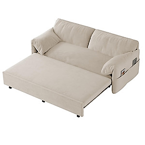 ONEMMLION 63.8" Queen Pull Out Couch Sofa Bed, 3 in 1 Convertible Sleeper Sofa with Side Storage, Velvet Loveseat Futon Comfy Cloud Couches for Living Room, Apartment, Small Space, Beige