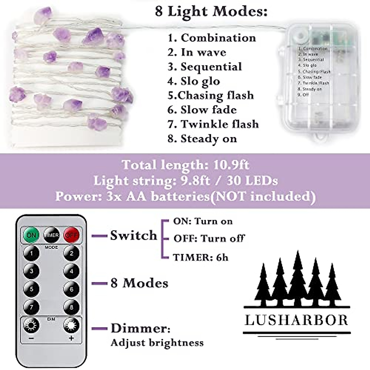 LUSHARBOR Crystal String Lights Indoor Battery Operated, Natural Fluorite String Lights, Amethyst Raw Stones Decorative Lights 9.8ft 30 LEDs String Lights for Bedroom Party Christmas Wedding Decor