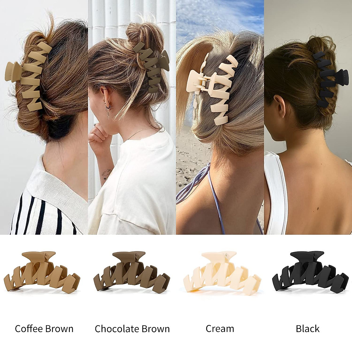 SuPoo Large Hair Clips 4.7" for Thick Hair, Strong Hold Banana Claw and Jumbo Jaw Clips, Cute Big Hair Clips for Women, Hair Styling Accessories, Matte Finish, 4 Count