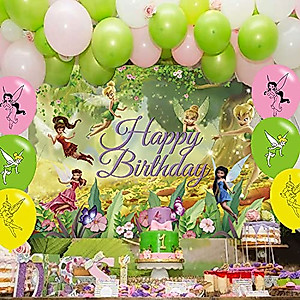 SAIAODI Tinkerbell Birthday Party Banner Backdrop, Fairy Flower Party Decorations for Kid Party Supplies Happy Birthday Banner Tinkerbell Teme Party Decorations Photography Background