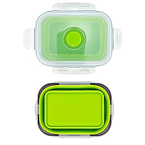 CCyanzi 3piece Collapsible Food Storage Containers with Lids, Silicone Lunch Container, Microwave & Freezer Safe, Space Saving for Kitchen Cabinet and Camping Backpack,(green gray)