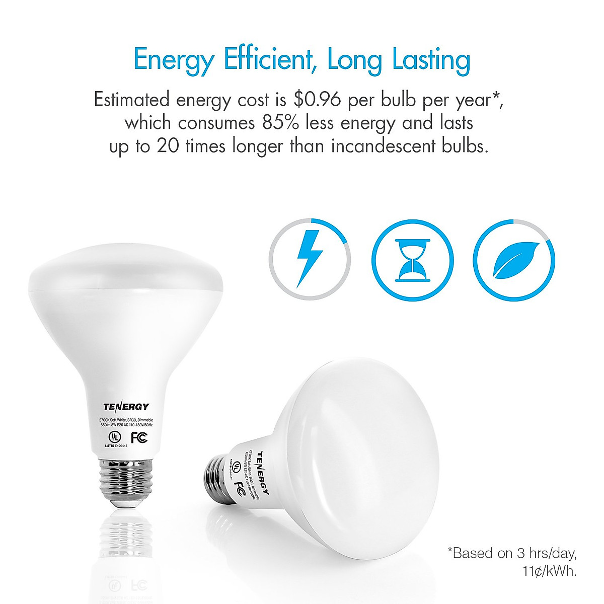 Tenergy Dimmable LED Flood Light Bulbs, 60 Watt Equivalent (8W), Warm White Soft White (2700K), BR30 E26 Medium Standard Base Recessed Light Bulbs for Can Ceiling Light, UL Listed (Pack of 8)