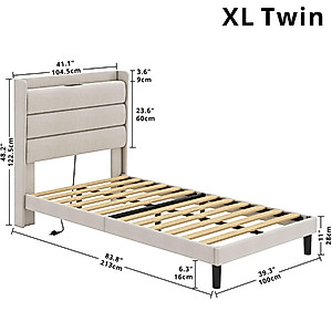 LIKIMIO Twin XL Bed Frames, Storage Headboard with Outlets, Sturdy and Stable, No Noise, No Box Springs Needed, Beige