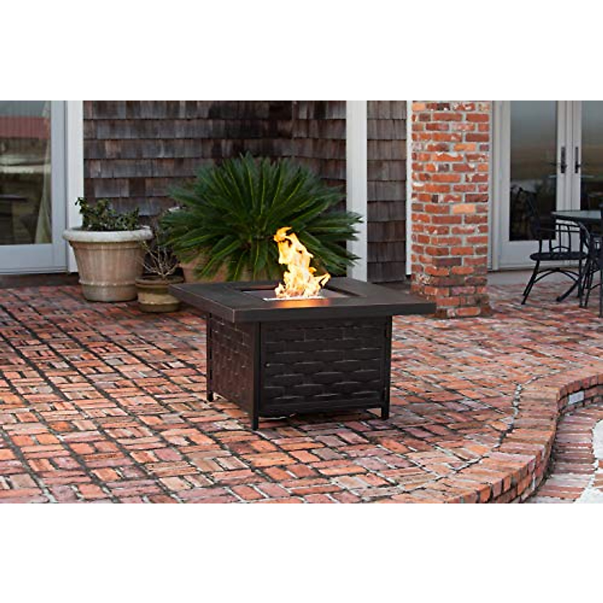 Fire Sense 62572 Armstrong Aluminum Convertible Gas Fire Pit Table 55,000 BTU Outdoor Multi-Functional Fire Pit with Fire Bowl Lid, Nylon Weather Cover & Clear Fire Glass - Bronze Finish - Square