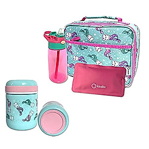 Lunch Box, Water Bottle and Thermos Food Jar Bundle Set for School Kids, Girls, Insulated Bag, Steel Thermos, Aqua Pink Mermaid Cat