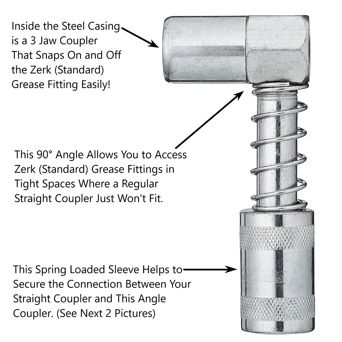 Slippery Pete 90 Degree Grease Coupler Snaps on to Grease Fittings in Tight Spaces