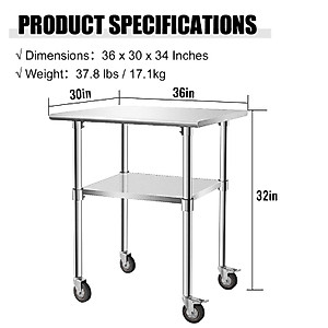 KODOM Food Prep Stainless Steel Table 36" x 30", Heavy Duty Workbench with Adjustable Under Shelf, Commercial Worktable with 4 Casters for Commerical Kitchen, Restaurant, Home and Hotel