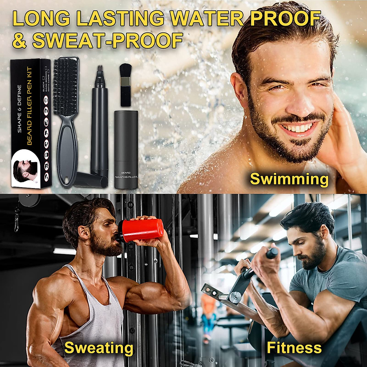 Beard Pencil Filler for Men Black, 4-Tip Beard Filler Pen Waterproof & Long Lasting Natural Makeup Beard Pen with Beard Brush Detailing Filler Moustache & Eyebrows (Black Beard Pen Kit)