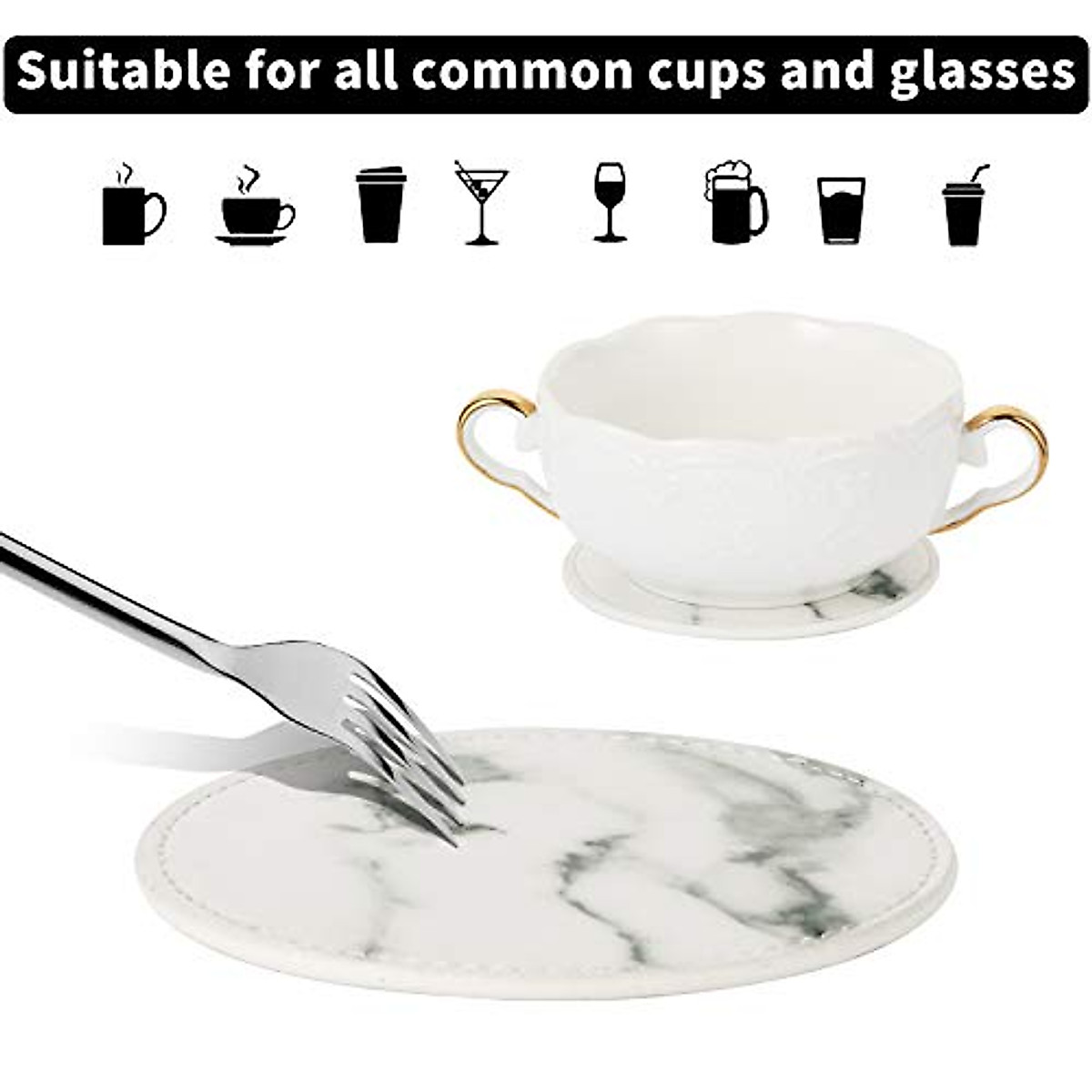 Leather Coasters for Drinks with Holder Set of 6, Coasters for Drinks,Marble and Waterproof Coasters Table Protective Non-Slip Pads, Round Cup Mat for Home and Kitchen