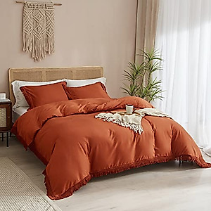 Smoofy Queen Duvet Cover Terracotta Duvet Cover Queen Size, 3 Pieces Bohemian Fringe Tufted Soft Tassel Microfiber Burnt Orange Duvet Cover with Zipper Closure (1 Rust Duvet Cover, 2 Pillowcases)