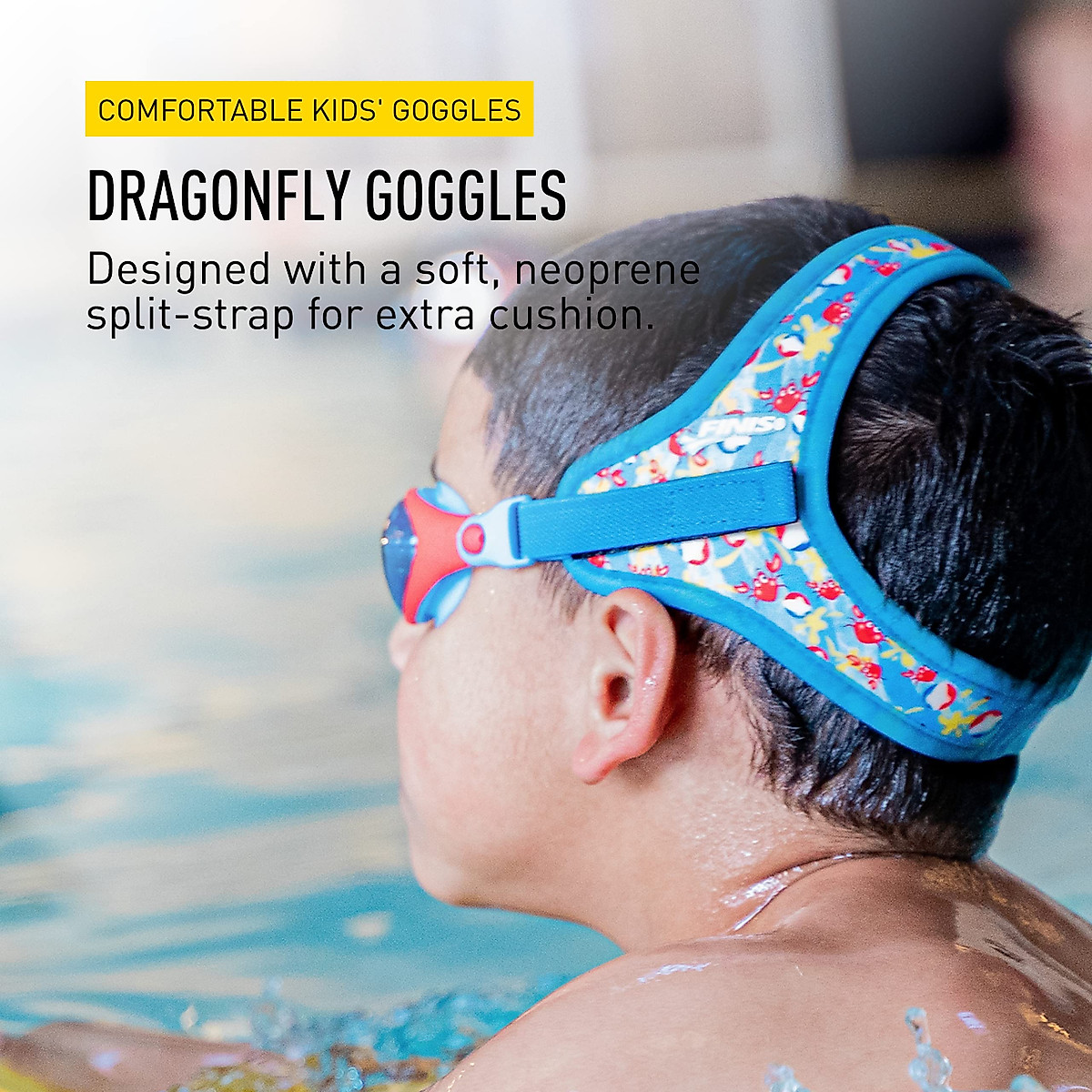 FINIS DragonFly Goggles - Kids Swim Goggles for Ages 4-12 with UV Protection, Buoyant Neoprene Strap, and Durable Lenses - PVC- and Latex-Free - Crab