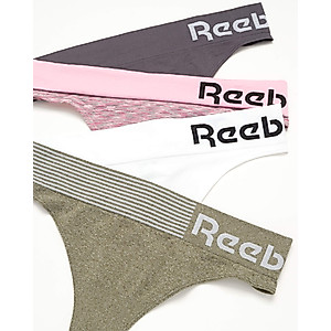 Reebok Women's Thongs - 4 Pack Performance Seamless Thongs for Women Sexy Panties - Breathable Underwear for Women (S-XL), Size X-Large, Pink Space-dye/Green/White/Charcoal
