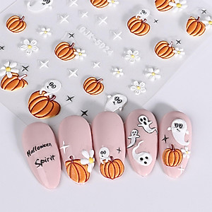 JMEOWIO 3D Embossed Halloween Nail Art Stickers Decals Self-Adhesive Pegatinas Uñas 5D Ghost Pumpkin Spook Nail Supplies Nail Art Design Decoration Accessories 4 Sheets