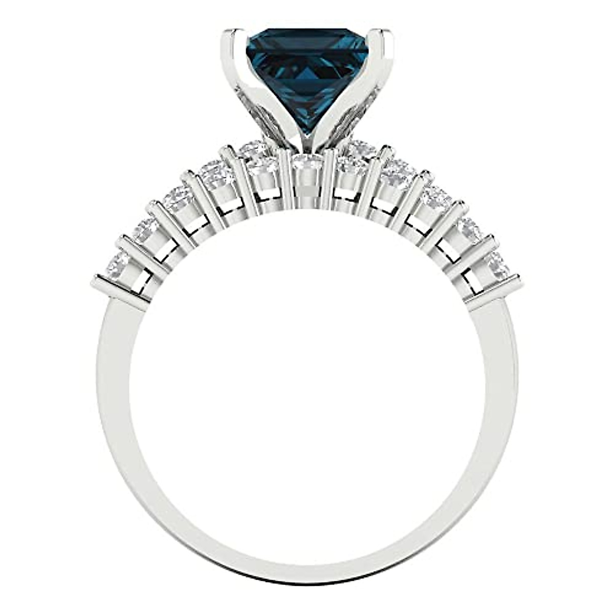 Clara Pucci 2.63ct Princess Cut Pave Solitaire with Accent Natural London Blue Topaz Statement Bridal Ring Band Set 14k White Gold 7.75