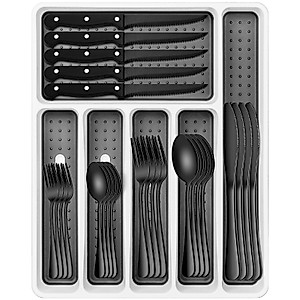 Black Silverware Set, Umite Chef 49-Piece Flatware Set with Drawer Organizer, Durable Stainless Steel Cutlery Set for 8, Tableware Eating Utensils with Steak Knives, Utensil Sets for Home Restaurant