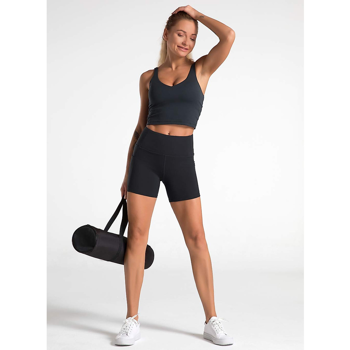 Dragon Fit High Waist Yoga Shorts for Women with 2 Side Pockets Tummy Control Running Home Workout Shorts(Medium, Black)