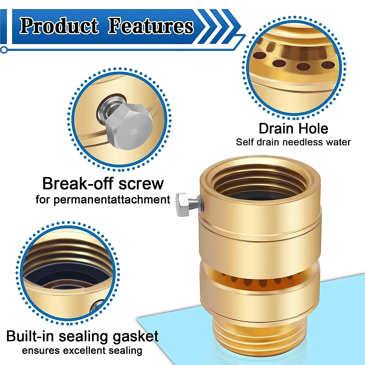 Self Draining Vacuum Breaker, No Lead Brass 3/4" Female x 1-1/16" GHT Male Hose Bib Backflow Preventer, Comes With 1-1/16" Female x 3/4" GHT Male Converter, Fit 1-1/16'' Fine Thread Faucet