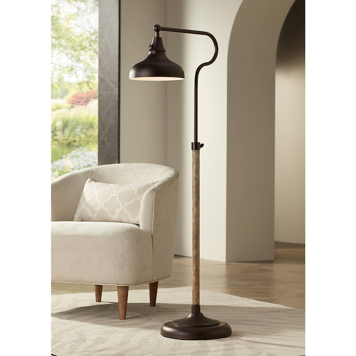 Franklin Iron Works Ferris Industrial Rustic Farmhouse Adjustable Pharmacy Floor Lamp Downbridge 57" Tall Bronze Faux Wood Grain Metal Brown Shade for Living Room Reading House Bedroom Family Home