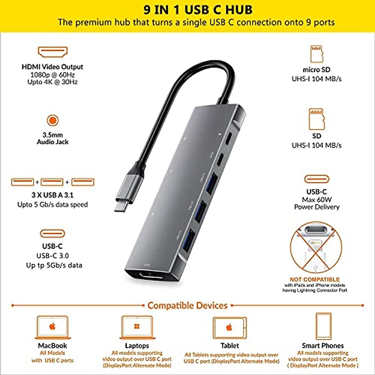 USB C Hub Multiport Adapter for iPad Pro MacBook Pro Air M1 2022 2020,12.9 11 inch, 9-in-1 USB C 4K HDMI Adapter with 3.5mm Audio Jack,3xUSB3.0,SD/Micro SD Card Reader,USB-C 3.0 Data,iPad Mini 6
