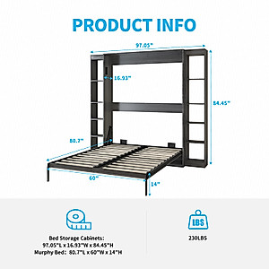 Mjkone Murphy Bed with 2 Side Cabinet, Folding Wall Bed for Bedroom, Fold Up Murphy Bed Cabinet, Queen Murphy Chest Bed Can Be Folded into a Cabinet, Storage Bed (Dark Grey, Style 1)