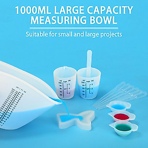 Creahaus 1000ML Large Silicone Measuring Cups for Resin, Easy to Read 36oz Silicone Mixing Bowl with 100ML Silicone Resin Mixing Cup, Easy Clean Reusable Epoxy Resin Supplies with Stir Stick, Pipettes