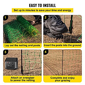 VEVOR Electric Fence Netting, 35.4" H x 164' L, PE Net Fencing with 14 Posts Double Spiked, Utility Portable Mesh for Goats, Sheep, Lambs, Deer, Hogs, Dogs, Used in Backyards, Farms and Ranches, Green