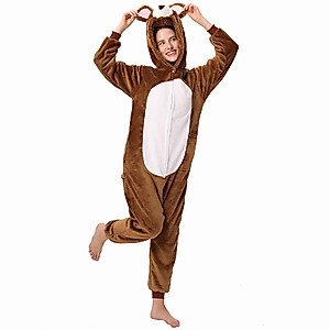 EJsoyo Onesie Adult Reindeer Costume Dinosaur Sleepwear Animal Lion Mouse Cosplay Pajama Teens Halloween Costume (Large, Brown Mouse)