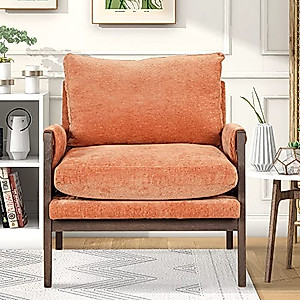 Merax Mid-Century Modern Leisure Velvet Accent Chair with Solid Wood and Thick Seat Cushion for Living Room, Bedroom, Studio, Orange