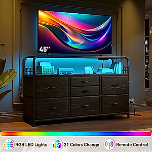 EnHomee Black Dresser for Bedroom with LED Lights & Charging Station, 7 Drawer Dresser with Open Shelf, Fabric Bedroom Dressers & Chest of Drawers for Closet, Entryway, Hallway, 4 Hooks