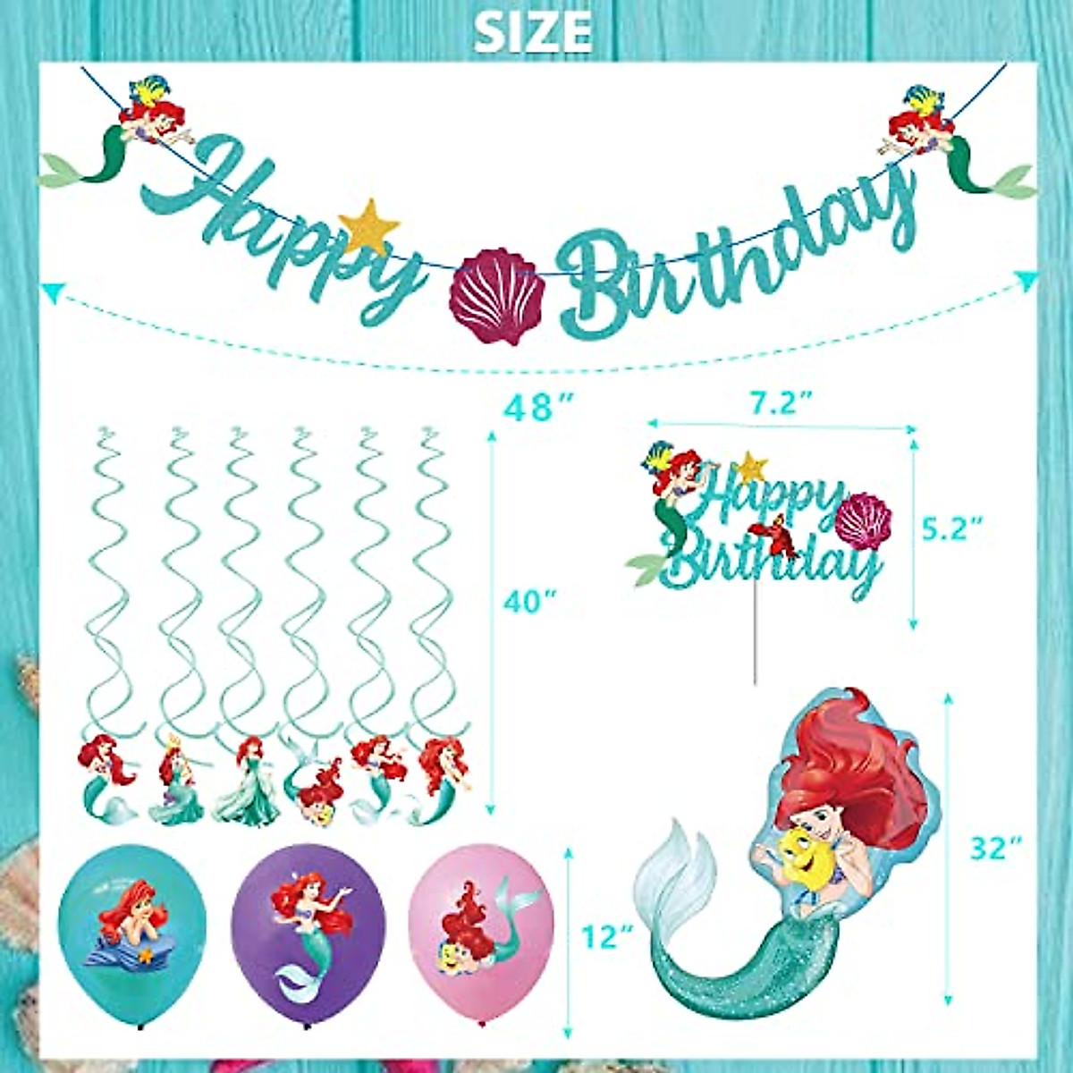 GOGOPARTY Little Mermaid Birthday Decorations , 52 Pcs Mermaid Ariel Birthday Party Supplies Include Banner, Cake Topper, Cupcake Topper, Balloons, Swirl for Kids Baby Shower Mermaid Party Decors
