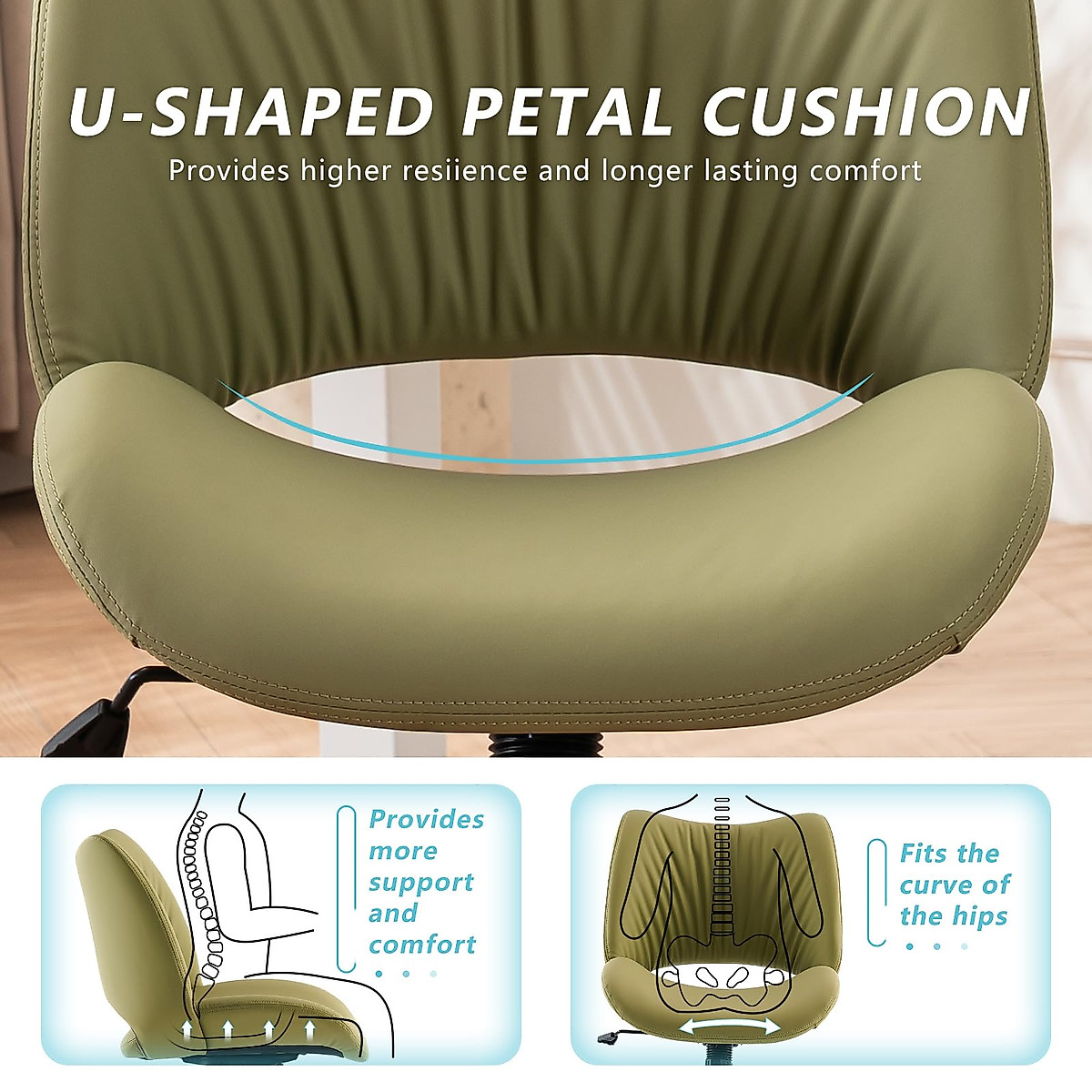 YOUTASTE Home Desk Chair Ergonomic Office Chair Armless Rolling Task Chair Leather Computer Chair of Height Adjustable and Thicked Padded Avocado Green