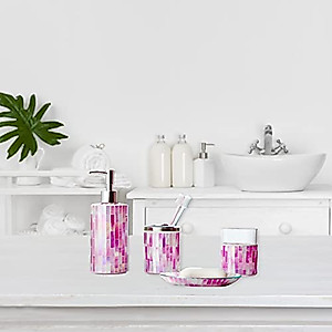 HILHORA Hand Made Bathroom Accessories Set 4Pcs Mosaic Glass Decorative Bathroom Set Includes Soap Lotion Dispenser, Tumbler, Toothbrush Holder, Soap Dish (Pink)