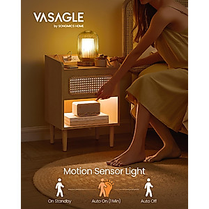 VASAGLE BOHOVEN Collection - Nightstands with Charging Station, Set of 2, Bedside Tables with Motion Sensor Lights, Rattan-Like Side End Tables, Solid Wood Legs, for Bedroom, Boho Style, Oak Beige