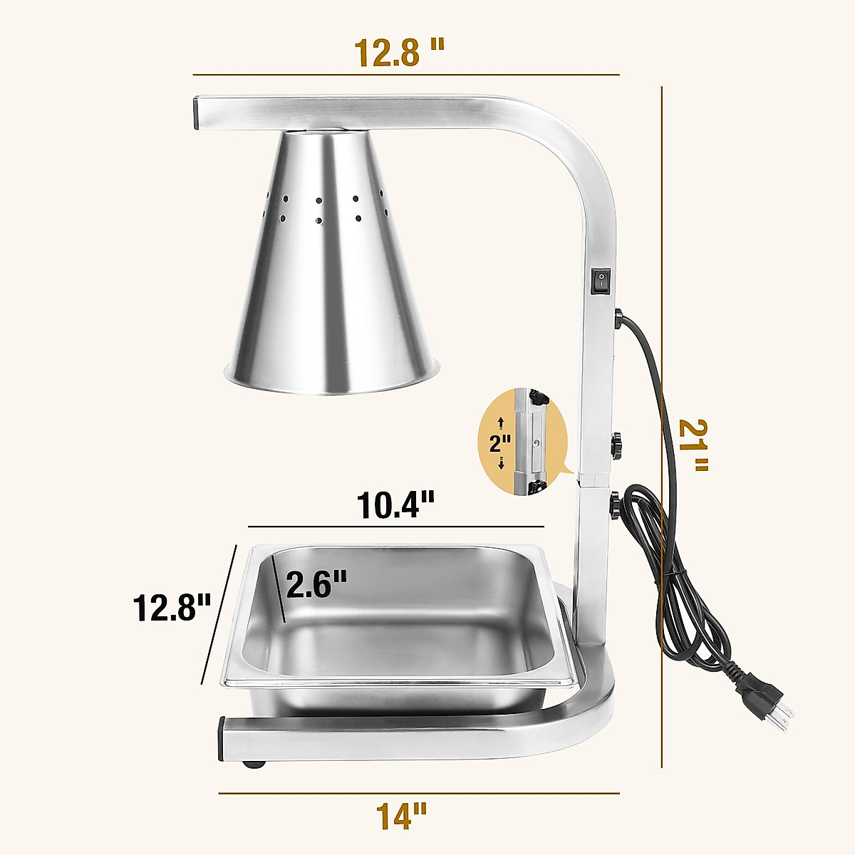 Restlrious Food Heat Lamp Freestanding Commercial Portable Food Warmer with 1 Full-Size Food Pan, Stainless Steel 120V Electric Food Heat Lamp Applicable to 250W Light Bulb, Fan-Shaped Lampshade