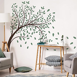 Prabahdak 4 Sheets Green Tree Wall Decals Big Tree Wall Stickers Large DIY Peel and Stick Flying Leaves Wall Decor for Kids Bedroom Living Room Nursery Rooms TV Sofa Background Decoration