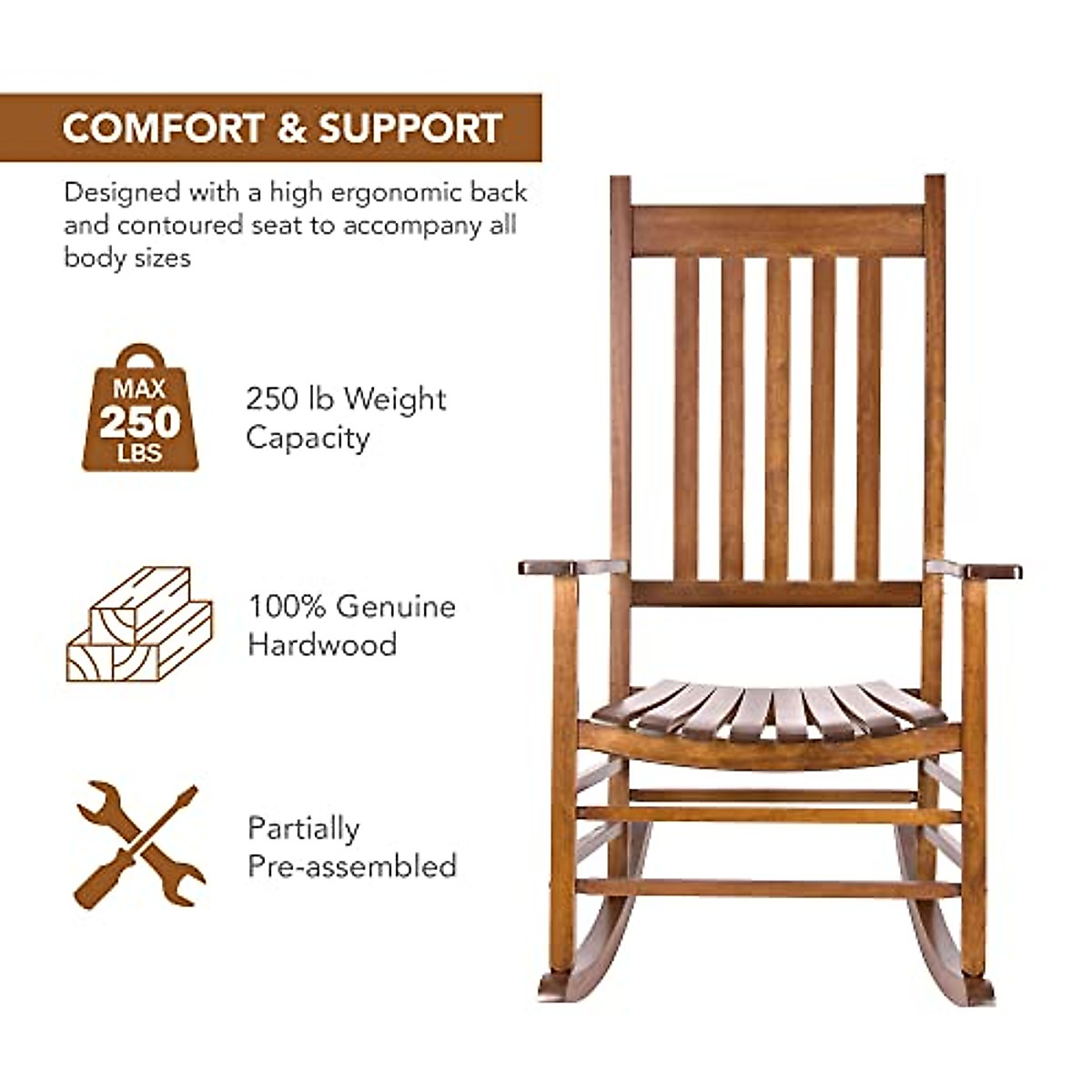Shine Company Vermont Porch Rocker, High Back Wood Rocking Chair, Oak