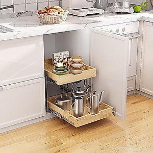 Sikarou Wood Pull Out Cabinet Organizer 2 Tie 26" W x 21" D, Heavy-Duty Sliding Drawers for Inside Cabinets Storage and Organization for Kitchen, Pantry, Bathroom