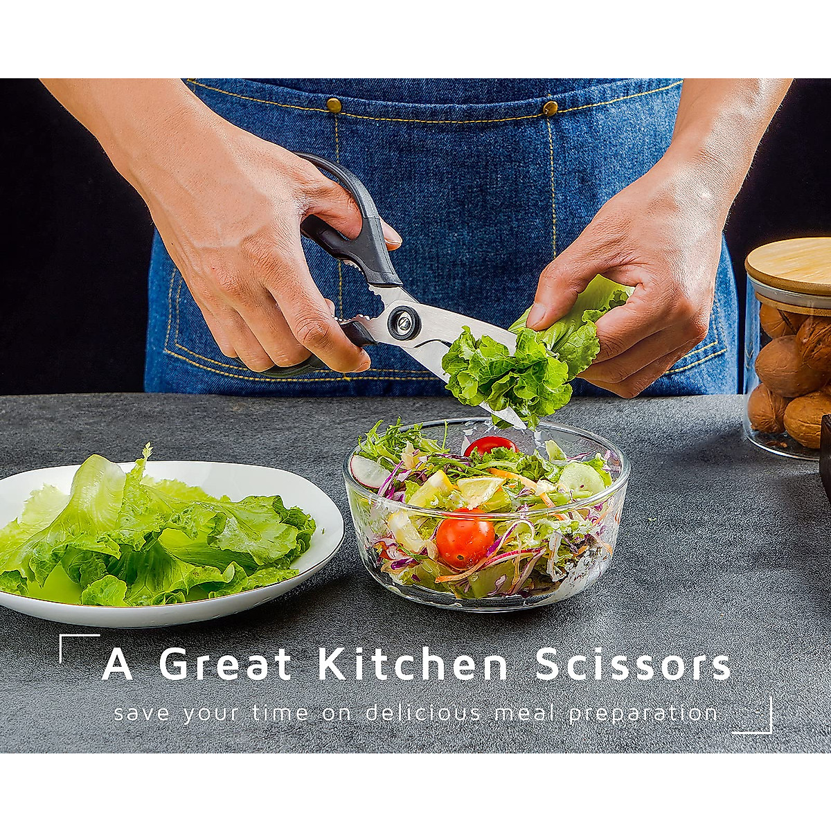 Multifunction Kitchen Scissors 2-Piece Set WELLSTAR, Heavy Duty Food Shears for Chicken Meat Vegetable Fish Herb Poultry Stainless Steel Cooking Scissors with Comfortable Handle Scissors Set (Black)