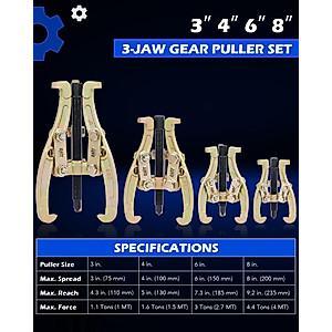 Orion Motor Tech Gear Puller Set, 3" 4" 6" 8" 3 Jaw Puller Kit for Pulley Gear Bearing Flywheel Removal, Heavy Duty Pulley Puller with Reversible Jaws 4 pcs Bearing Puller Tool Kit