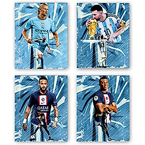 Football Superstar Poster,Lionel Messi,Neymar,Mbappe,Haaland Man City Art Print Poster,Sports Celebrity Poster,for Living Room Bedroom Room Decor,Sports Landscape Office Room Decor Gift-Set of 4 (8"x10" Unframed)