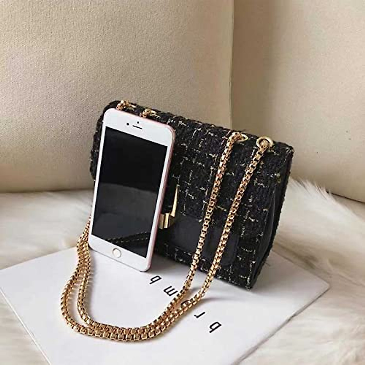 Qiayime Women Small Shoulder Bag Crossbody Bag Fashion Ladies Chain Quilted Tweed Purse Evening Bag Clutch Handbag (Black-1)