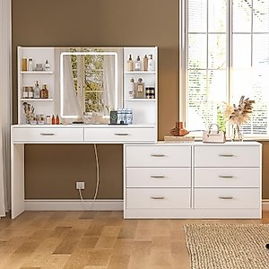 FIONESO Vanity Makeup Desk with LED Light Mirror & Power Outlet, 8 Drawers, 6 Storage Shelves, 3 Color Modes & Adjustable Brightness Dressing Table, Corner Vanity, L Shape Change, 39.4”Desk, White