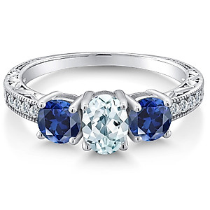 Gem Stone King 925 Sterling Silver Sky Blue Aquamarine and Blue Created Sapphire Women Ring (2.07 Cttw, Gemstone Birthstone, Available In Size 5, 6, 7, 8, 9)