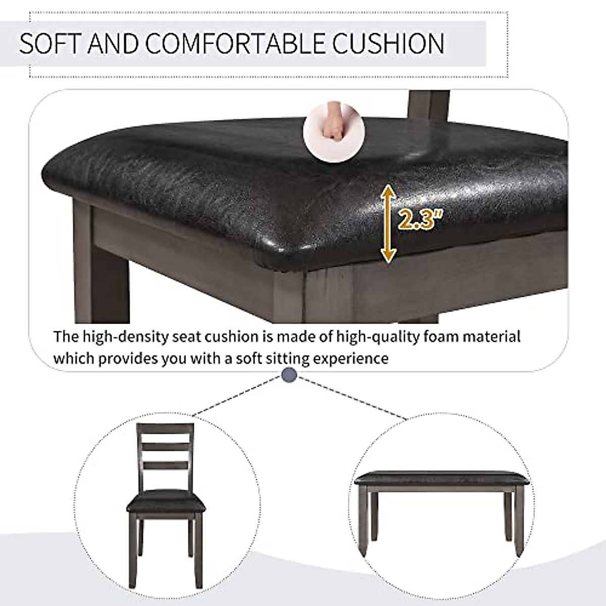 MOEO 6 Piece Kitchen Table Set, Wood Dining Faux Marble Top Diningtable with 4 PU Cushion Chairs & Bench for Breakfast Nook, Bar, Living Room, Gray, Brown