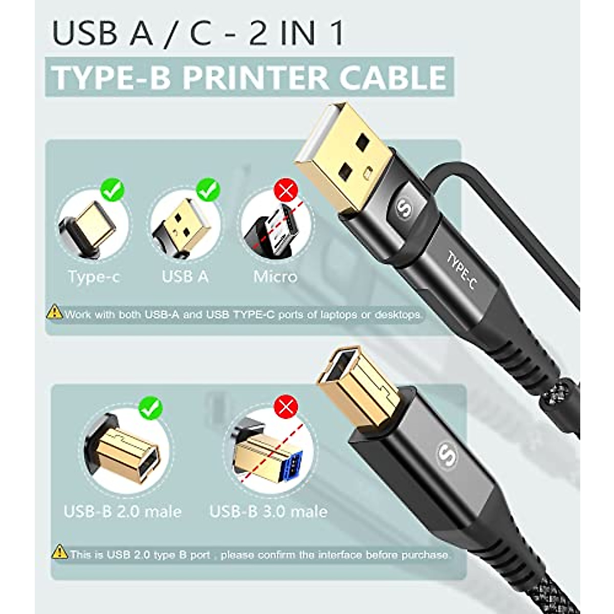 2-in-1 USB-A/C to USB-B Printer Cable 6.6FT, USB C MIDI Cable Nylon Braid High-Speed Printer Cord for MacBook Pro/Air,Digital Piano MIDI Controller,HP Canon Dell Epson Brother Samsung-Black